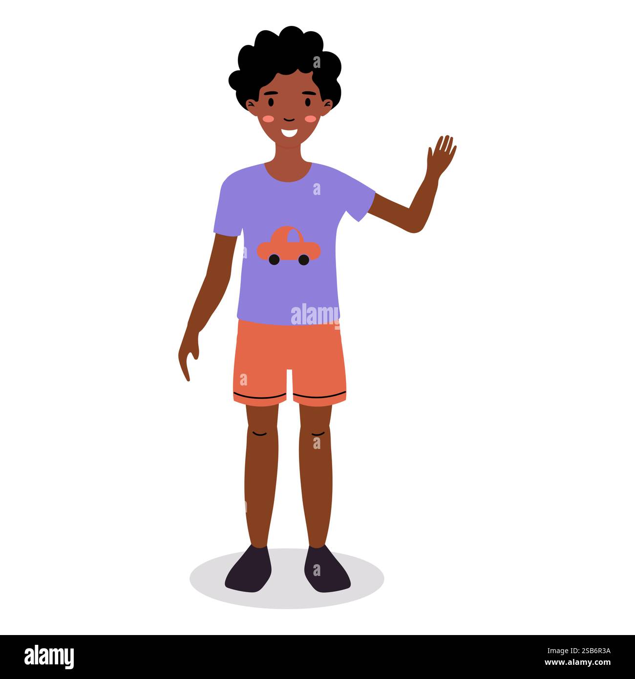 A cheerful young boy wearing a shirt with a playful car design waves with a smile, showcasing a ...