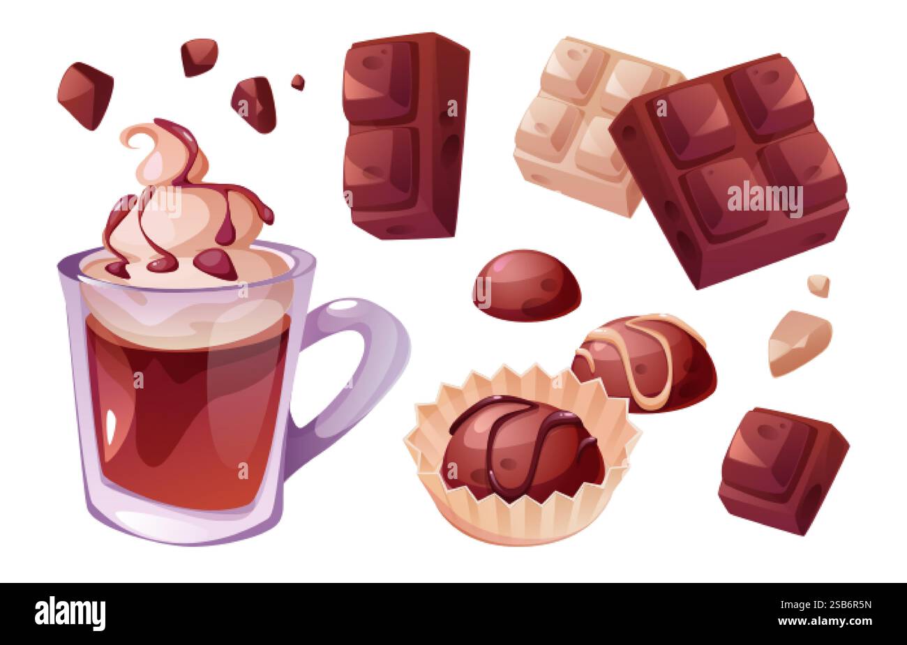Chocolate bar and hot cocoa set with creamy drink, candy pieces and ...