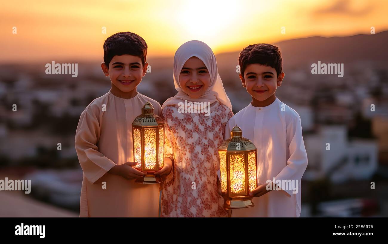 Children from an Islamic family lighting traditional Ramadan lanterns ...