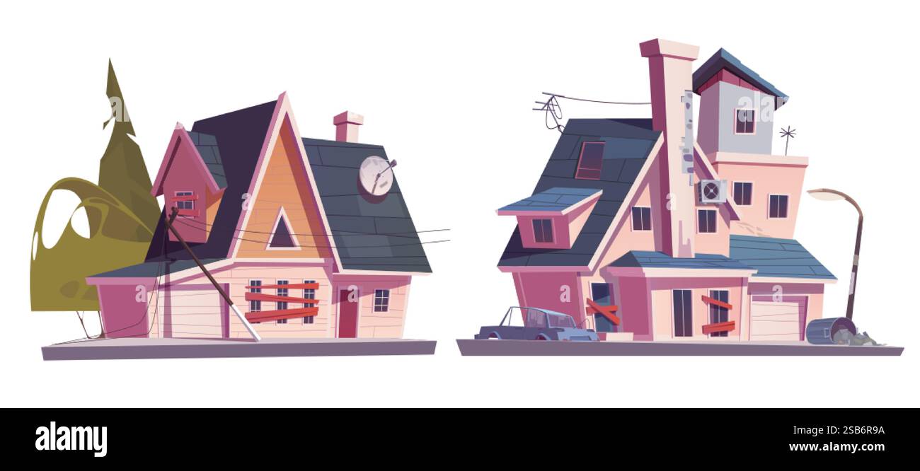 Cartoon abandoned suburban houses with boarded windows and damaged ...