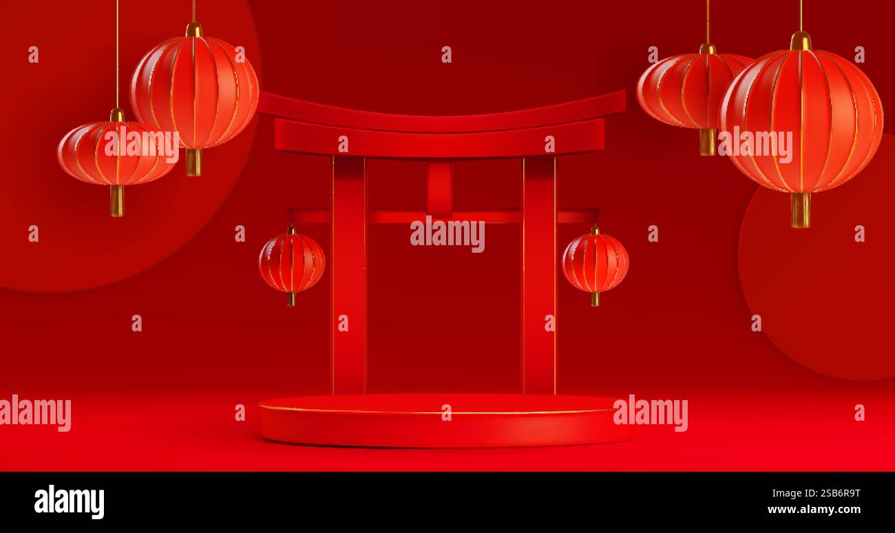 Traditional Chinese red podium with torii gate backdrop and decorative ...