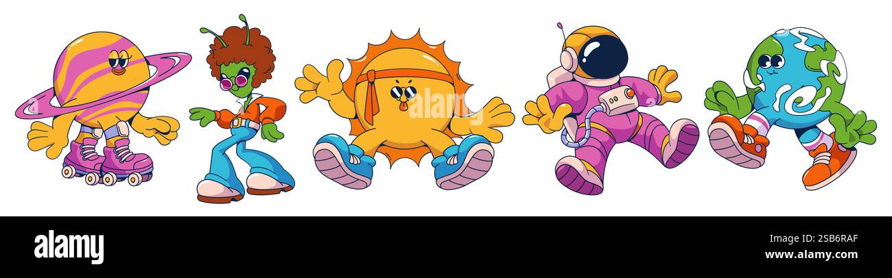 Groovy universe collection with cosmic cartoon characters. Saturn on ...