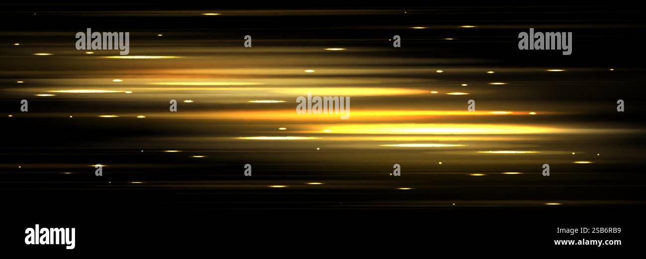 Horizontal golden speed light streaks with bright glowing particles, shimmering sparkles and ...
