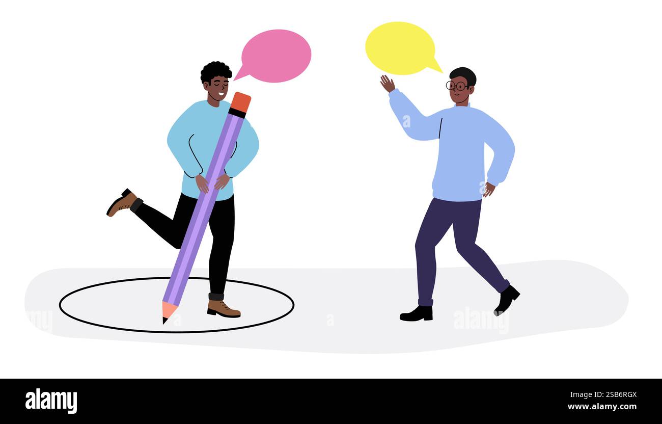 Two individuals are joyfully conversing, one drawing with an oversized ...