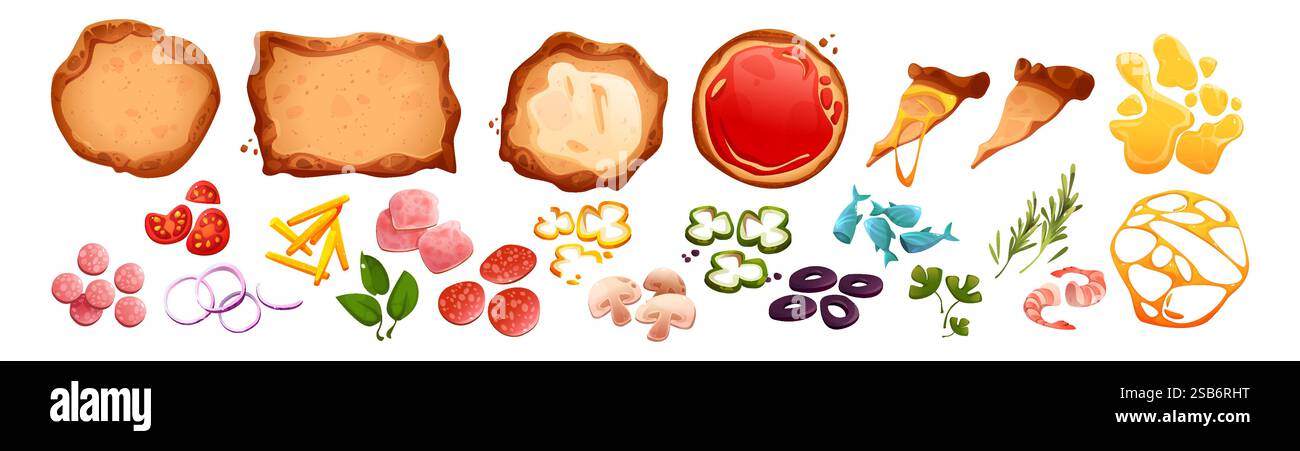 Pizza top cartoon ingredient set - crispy crusts with different sauces ...