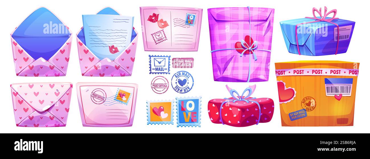 Cartoon mail set of love themed postal items - pink envelopes with ...