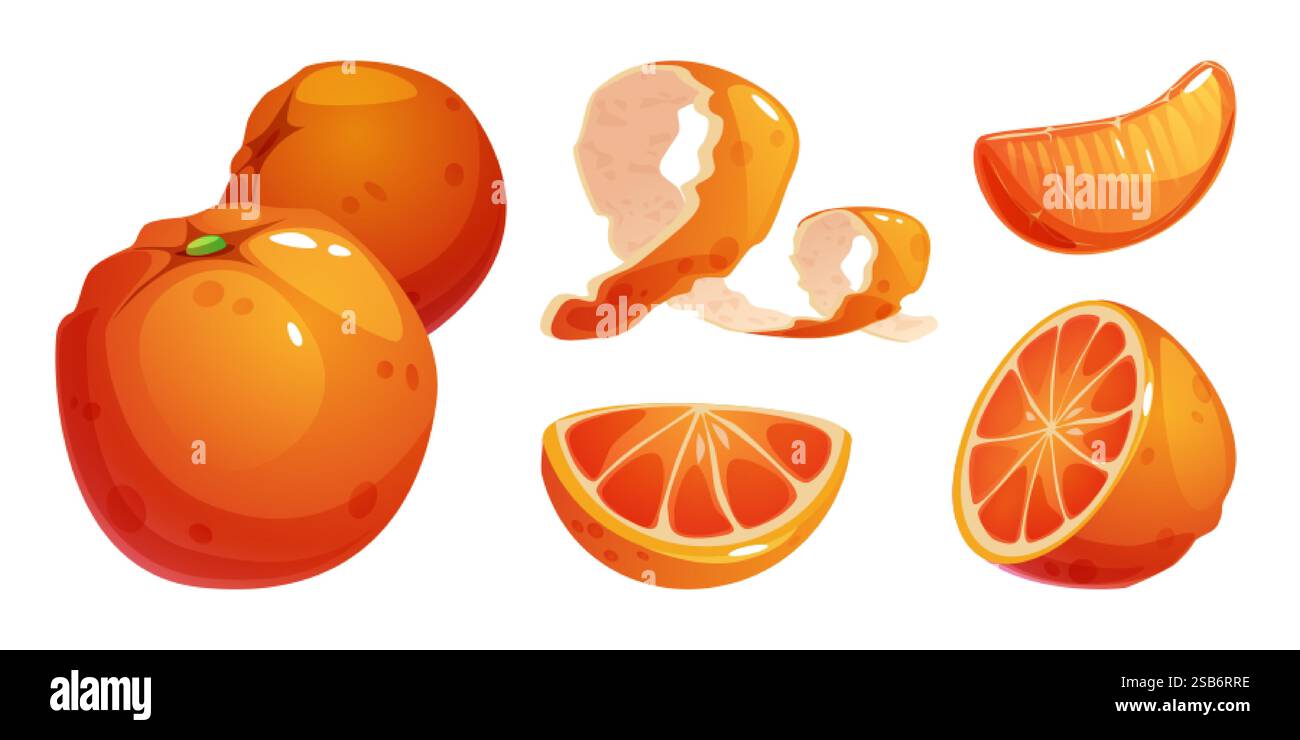 Orange set with peeled citrus elements - fresh whole fruit, bright ...