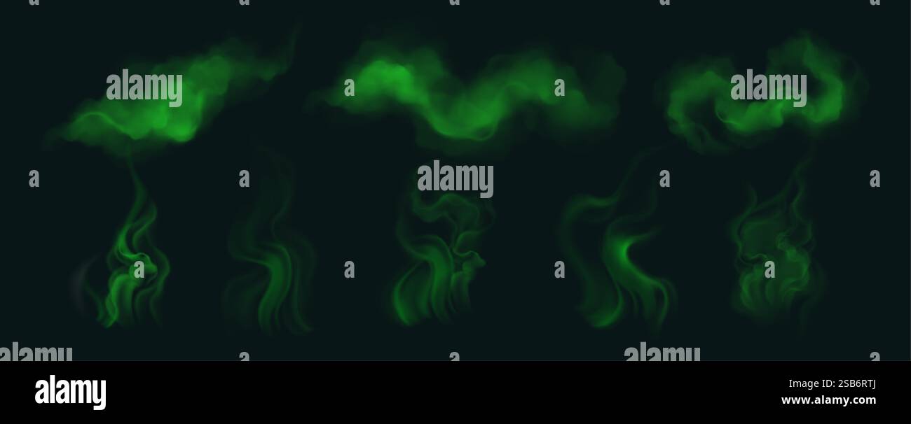 Green smoke clouds set isolated on black background. Vector realistic ...