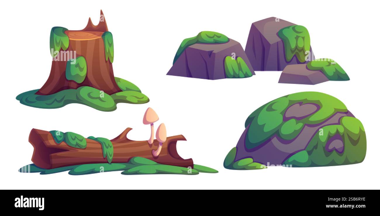 Natural swamp scenery elements - weathered tree stump, broken log and ...