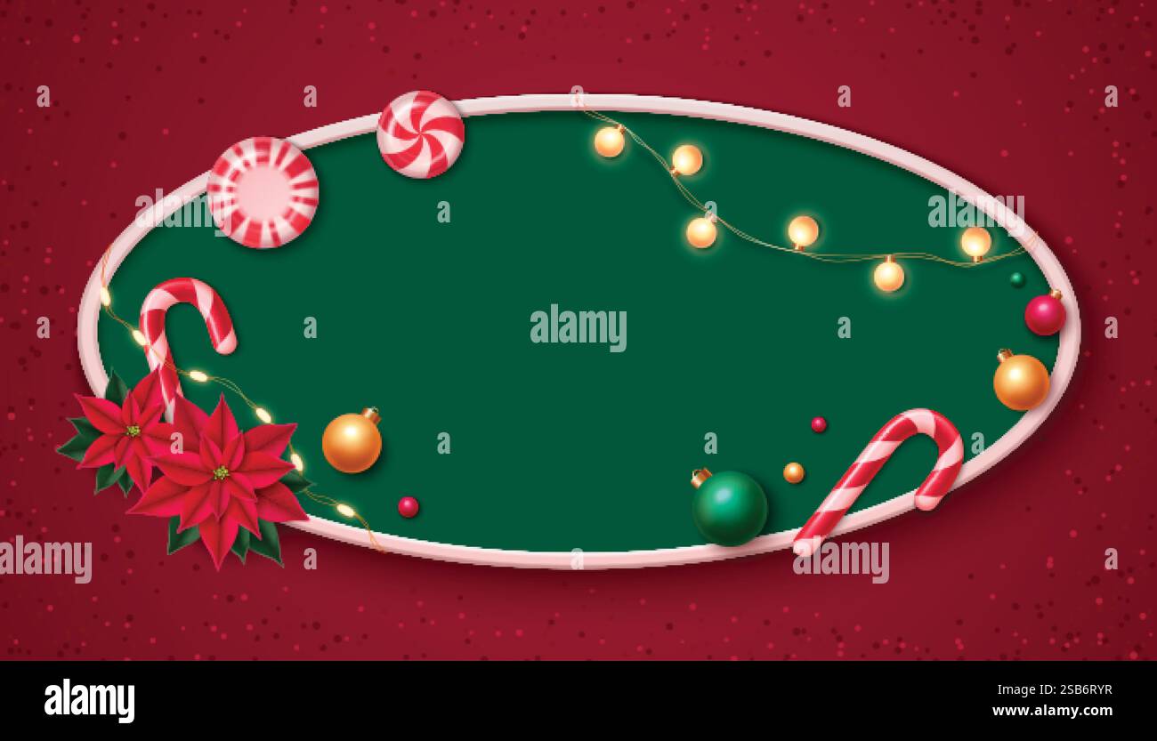 Merry Christmas 3d oval frame with red poinsettia flowers, peppermint ...