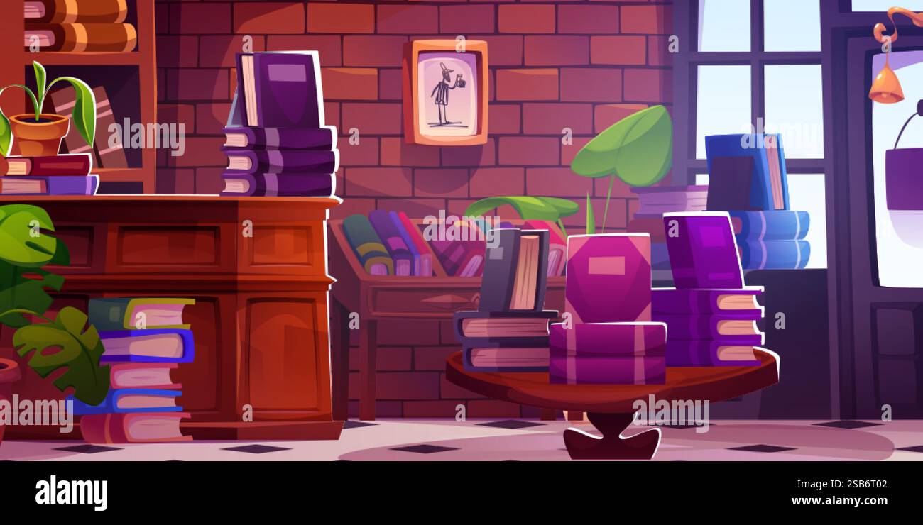 Cozy bookstore interior. Vector cartoon illustration of room with paper ...
