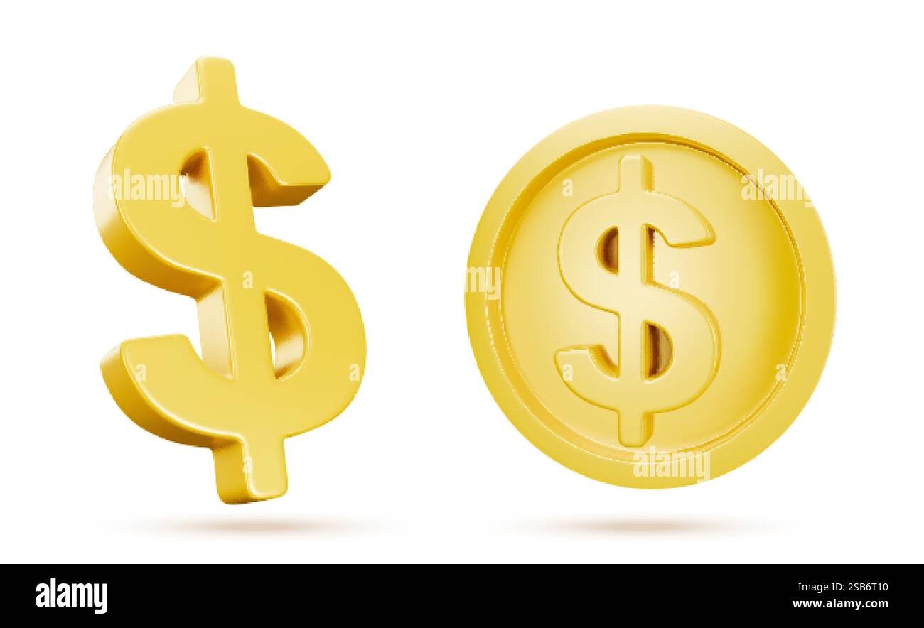 Gold 3d dollar symbol in currency sign and coin design with yellow ...