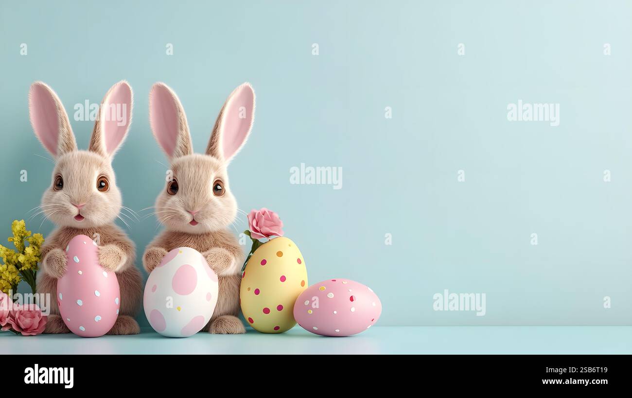 Adorable family of rabbits happily decorating a variety of colorful ...