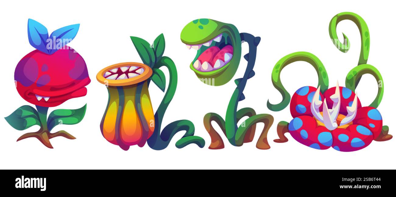 Scary carnivorous plant monsters with sharp teeth. Fantasy garden ...
