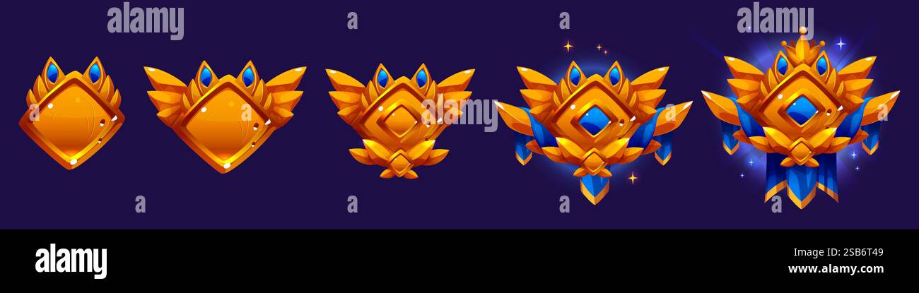 Game progress level badges with increasing complexity - basic shield ...