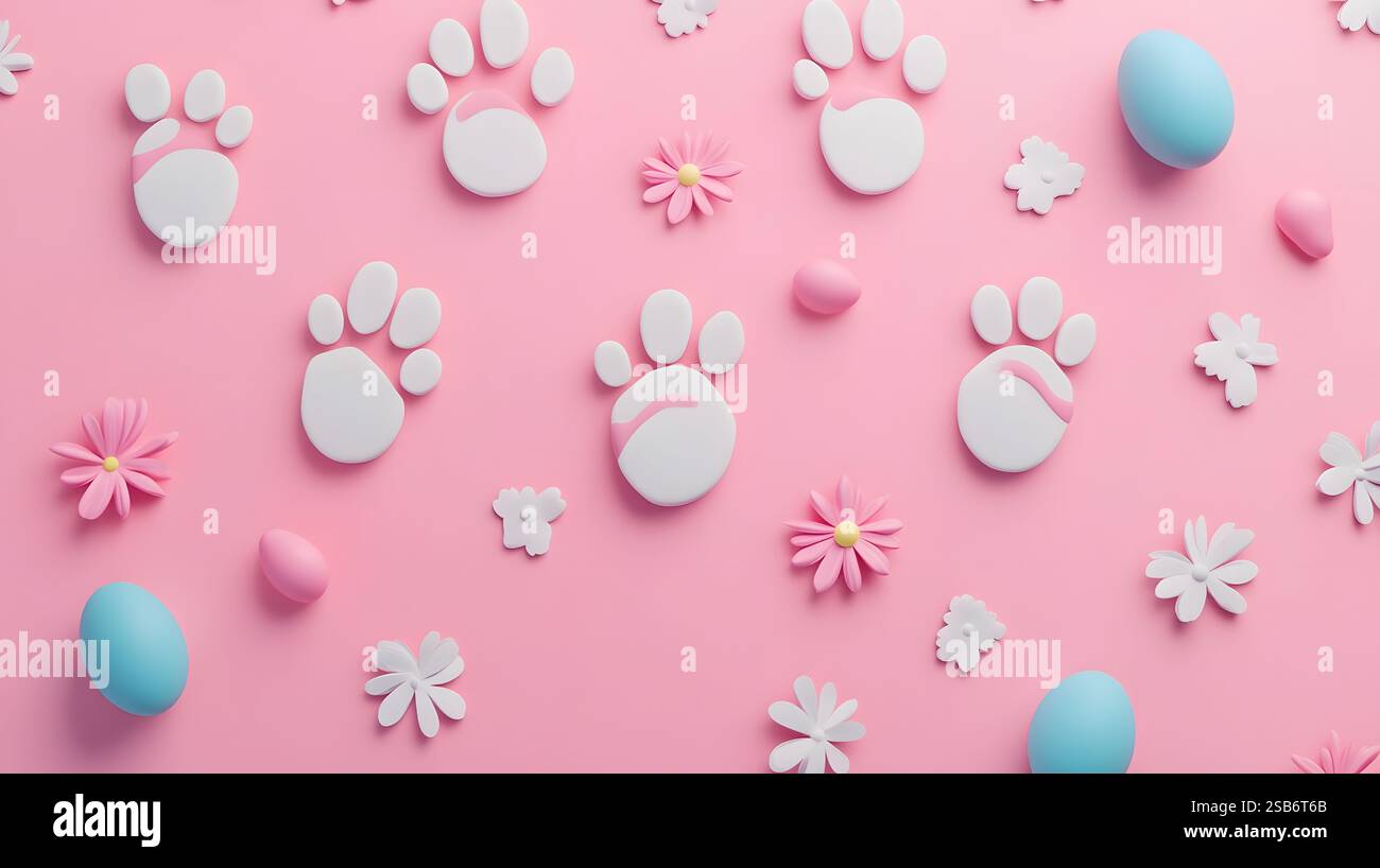 Playful bunny footprints and pastel flowers,eggs,and other spring ...