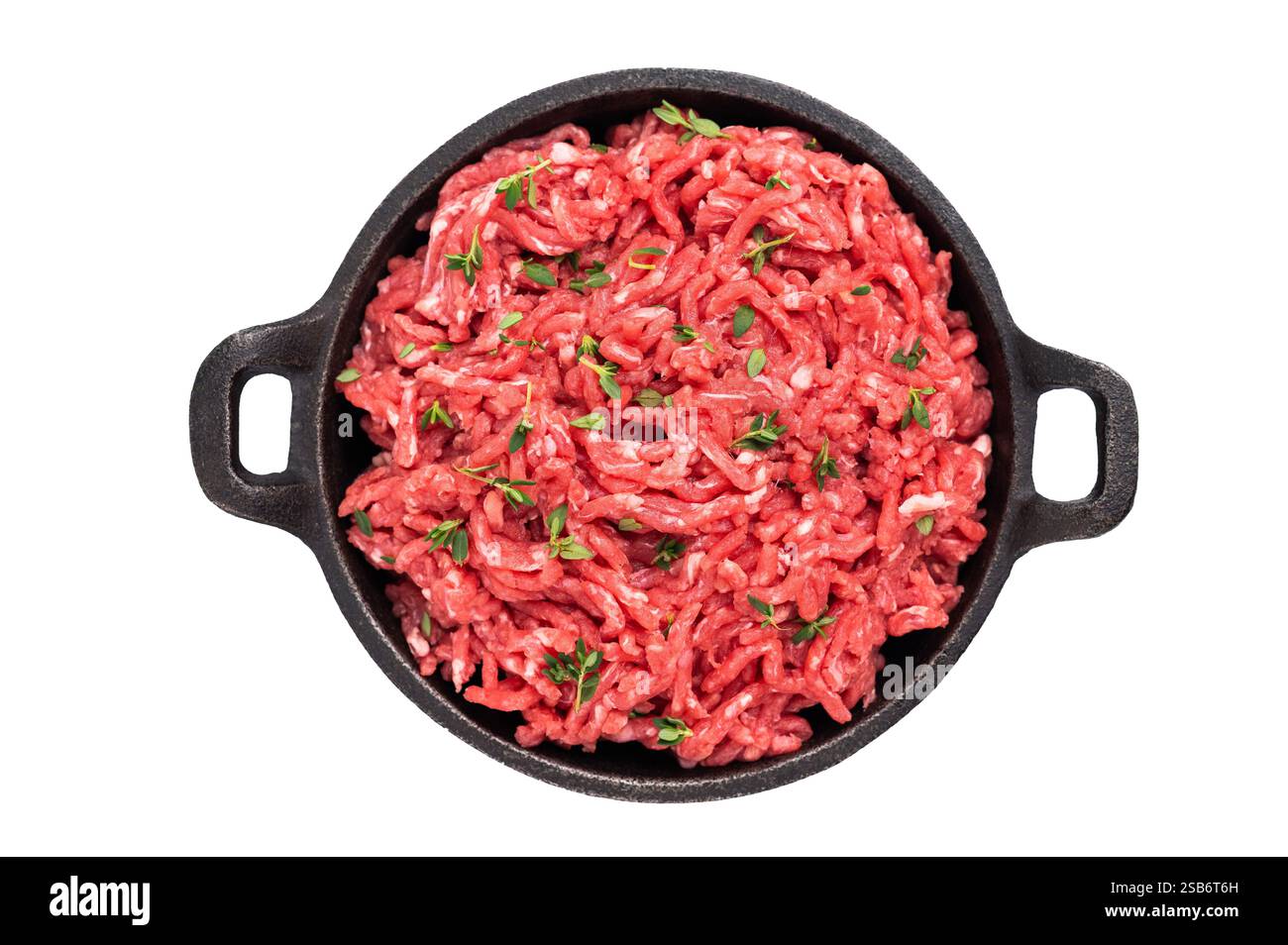 Lamb Mutton ground mince raw meat, forcemeat in a skillet, isolated on ...