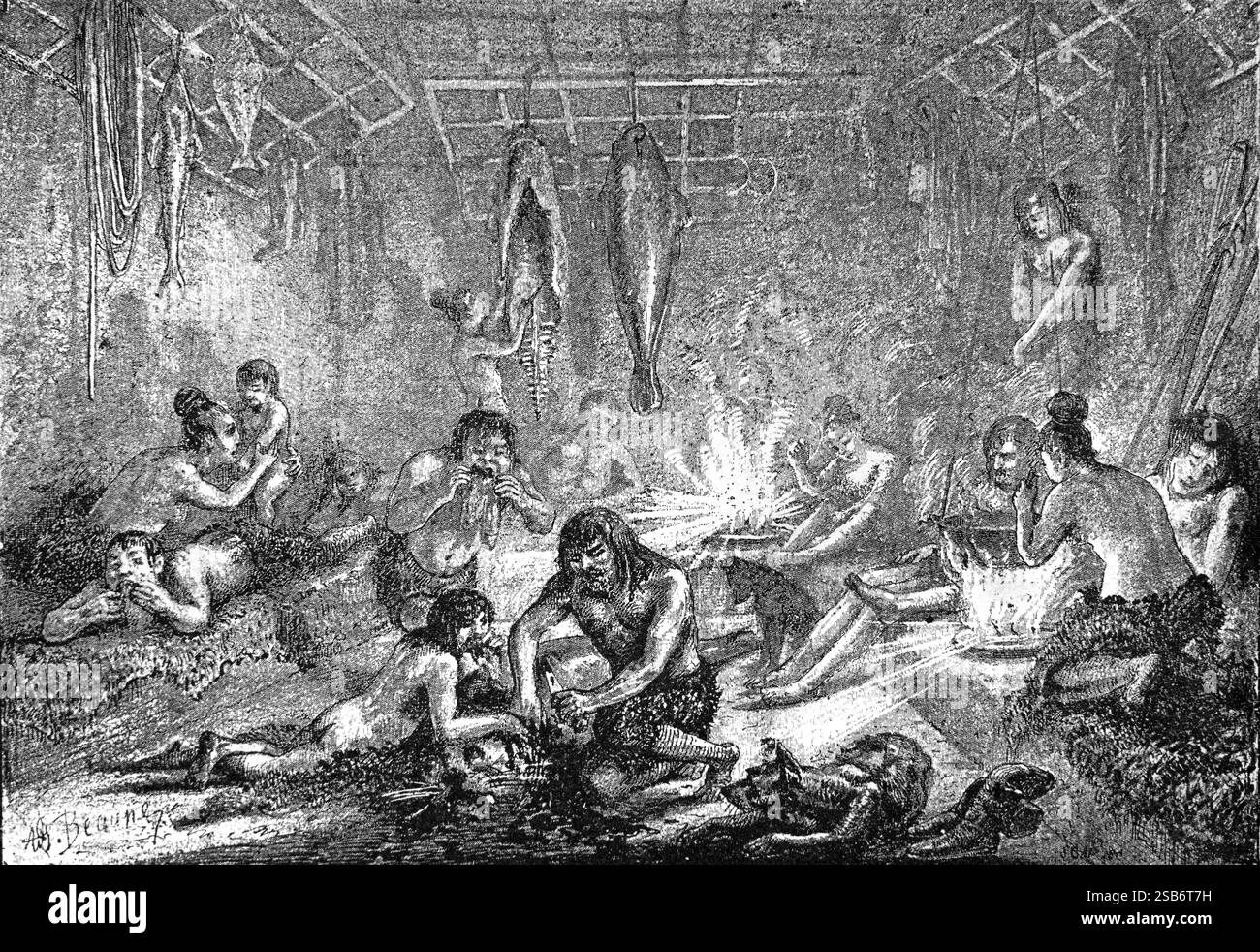 Family Life, Cooking Fish or Food Preparation Inside an Eskimo or Inuit ...