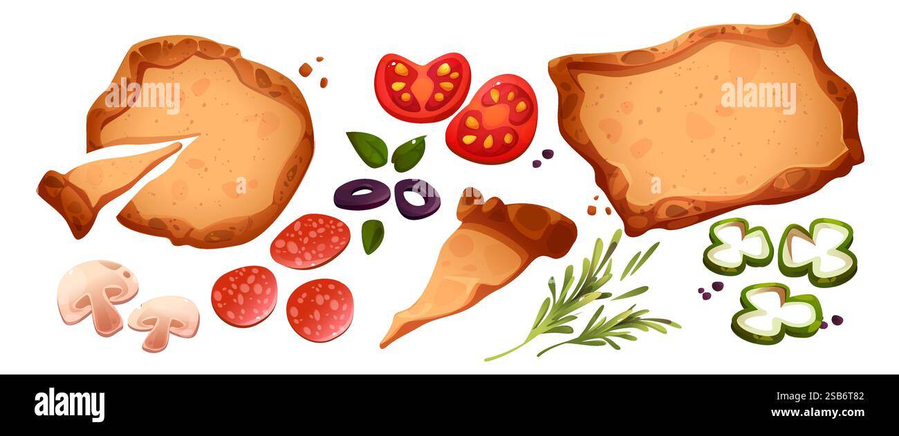 Cartoon pizza toppings set top view - crispy crust base, fresh tomato ...