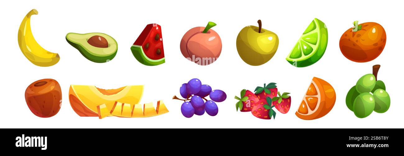 Summer fruit set with bright banana, fresh avocado, juicy watermelon ...