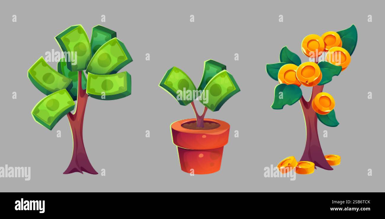 Money tree cartoon set - potted plant with golden coins, flourishing ...