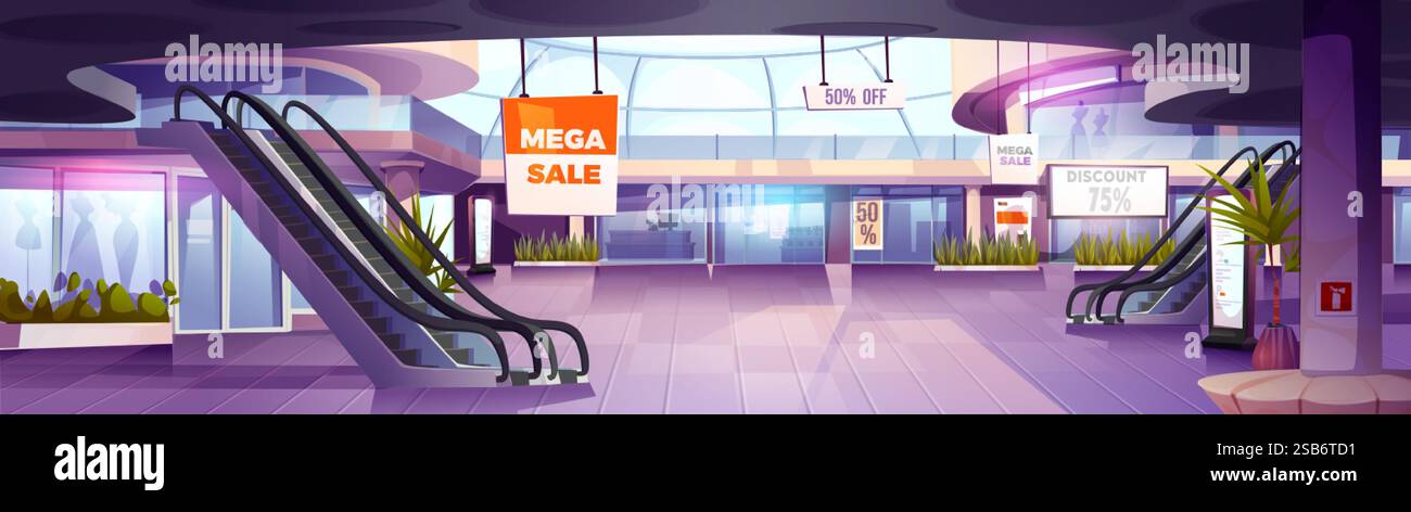Shopping mall interior. Vector cartoon illustration of empty modern ...