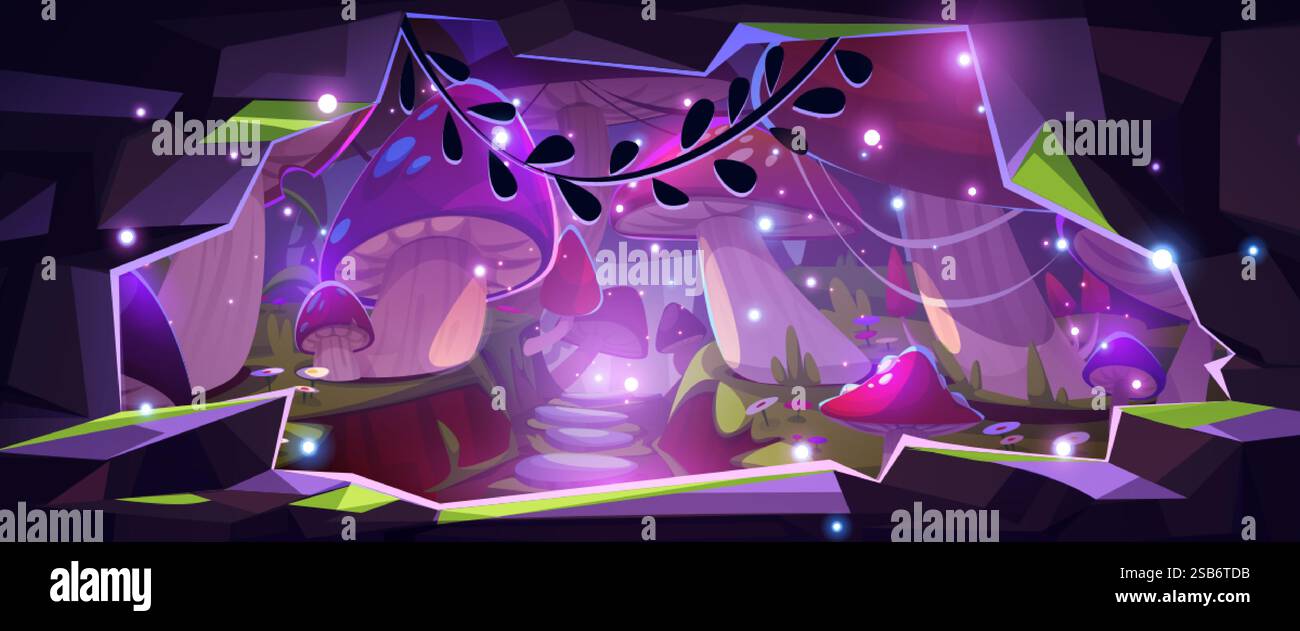 Magic mushroom forest at night - view from inside cave. Glowing fungi ...