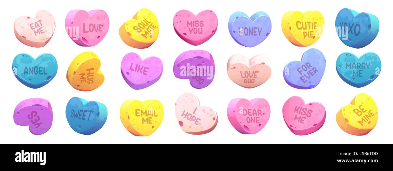 Colorful candy hearts collection with romantic messages engraved on ...