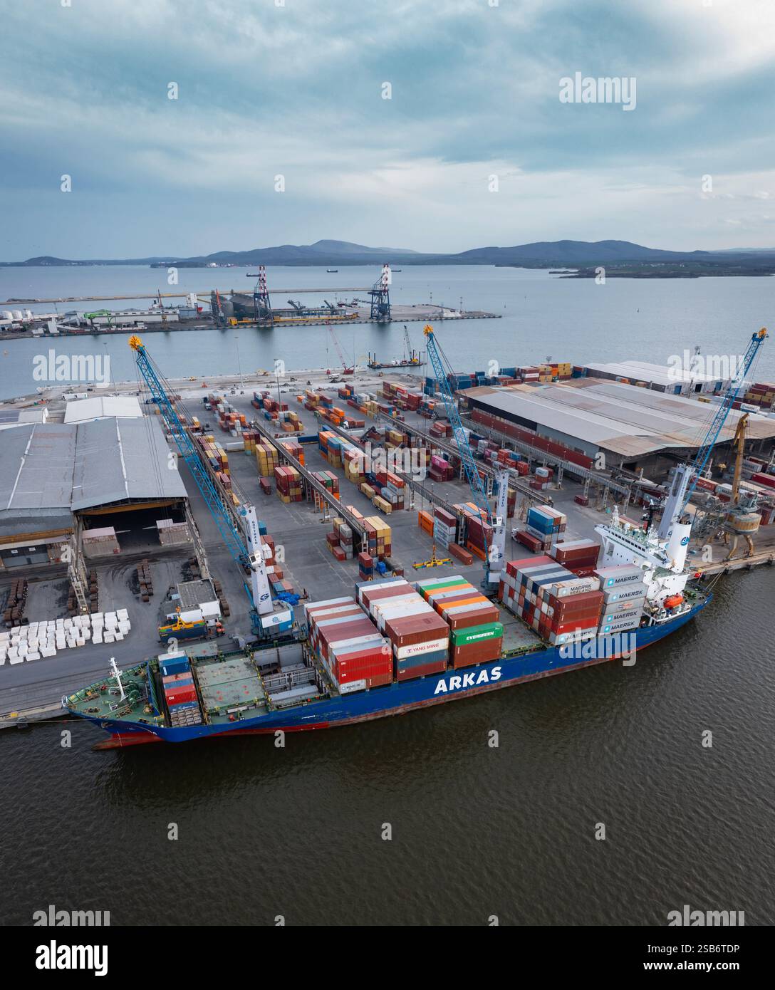 Burgas, Bulgaria - January 30.2025: Aerial view of container ship on ...