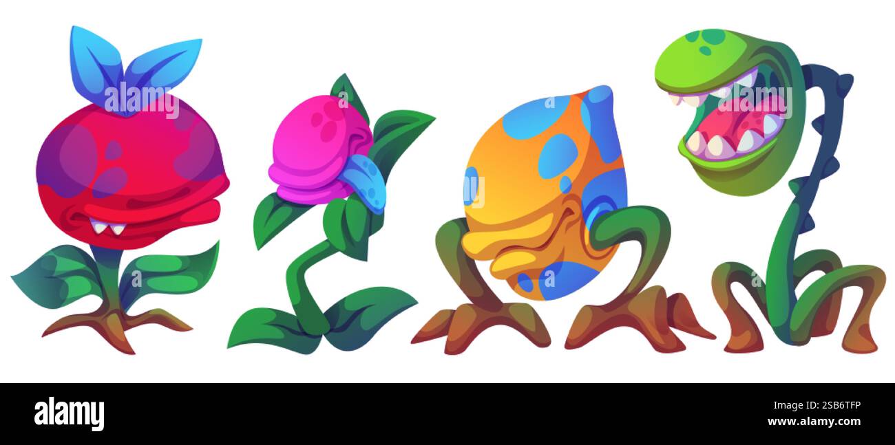 Monster plants set isolated on white background. Vector cartoon ...