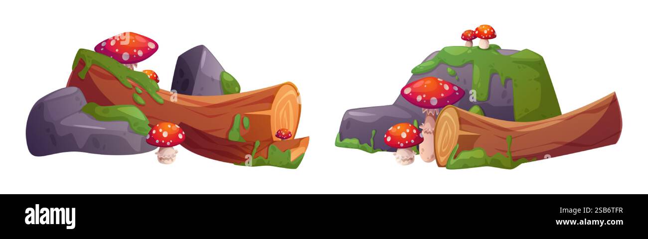Swamp forest terrain pieces with fallen logs, gray rocks, moss and red ...