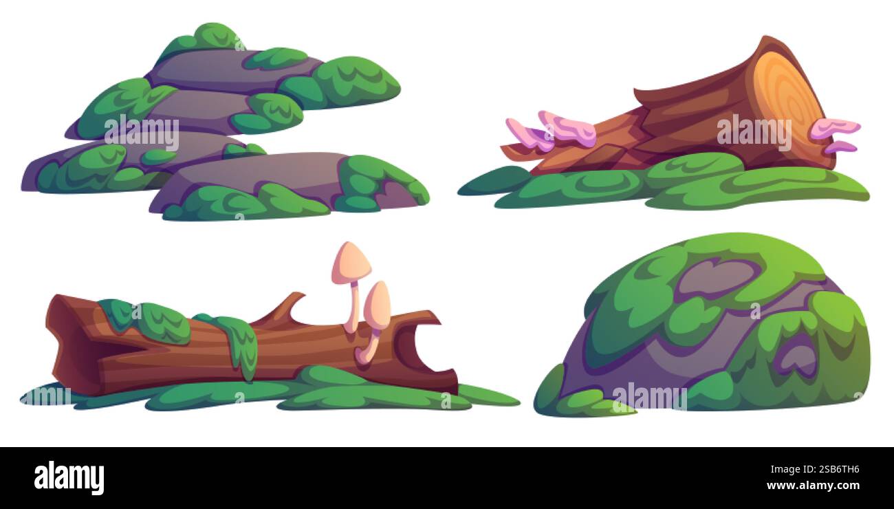 Swamp environment set with mossy logs, grey stones covered in green ...