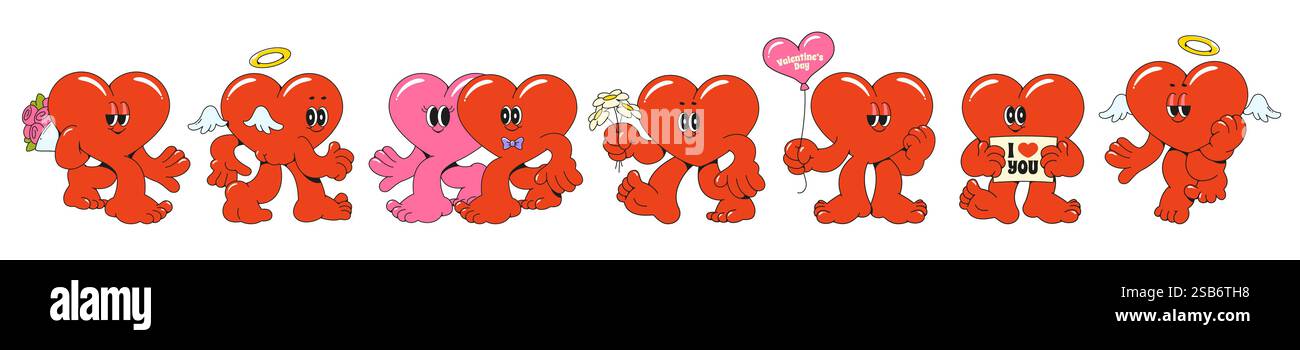 Retro heart character sticker. Groovy love angel icon for Valentine day ...