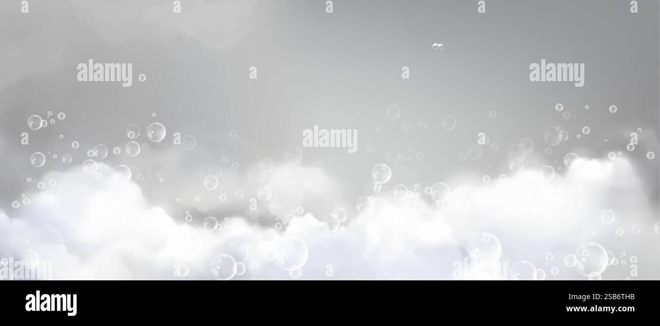 Foam bubbles floating on white suds backdrop on gray steam background ...