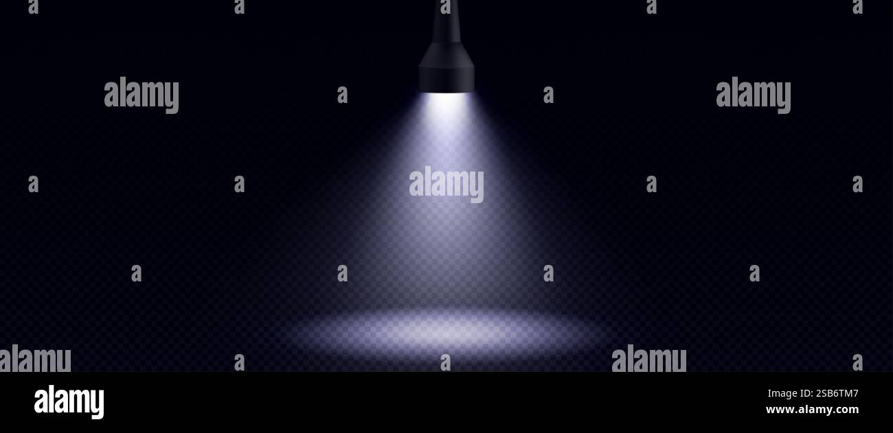 Flashlight beam in darkness creating searchlight effect on transparent ...