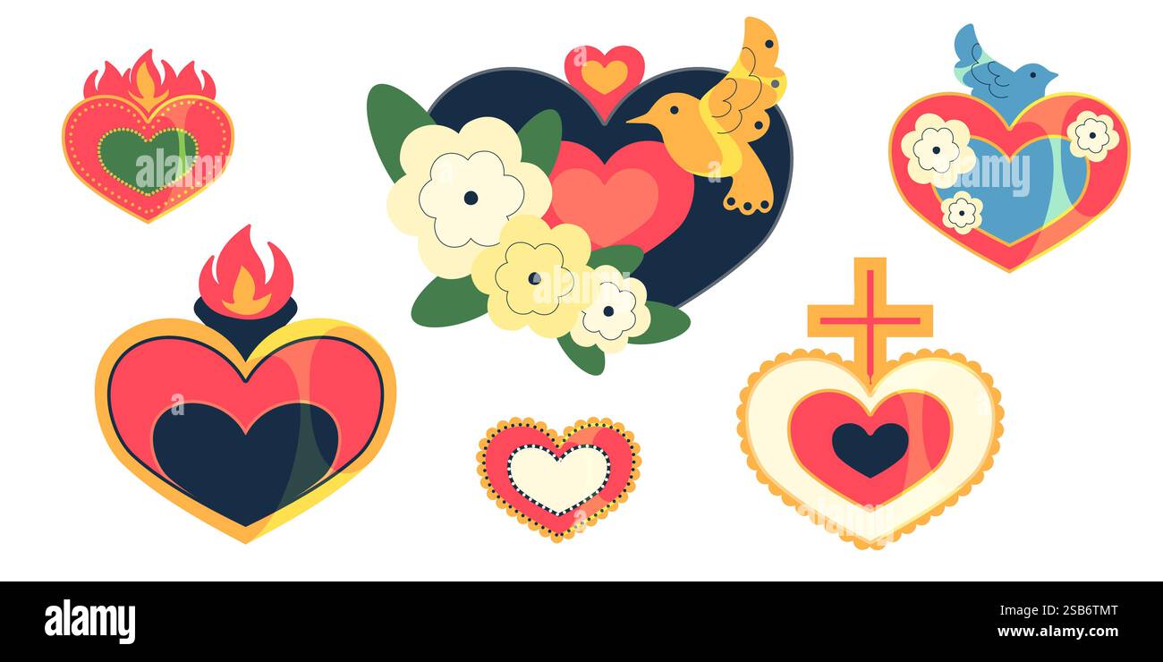 Mexican decorative heart set with hummingbird, blossoms and flaming ...