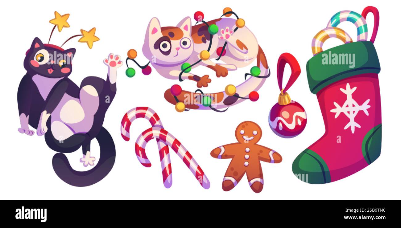 Funny Christmas cats set isolated on white. Vector cartoon illustration ...