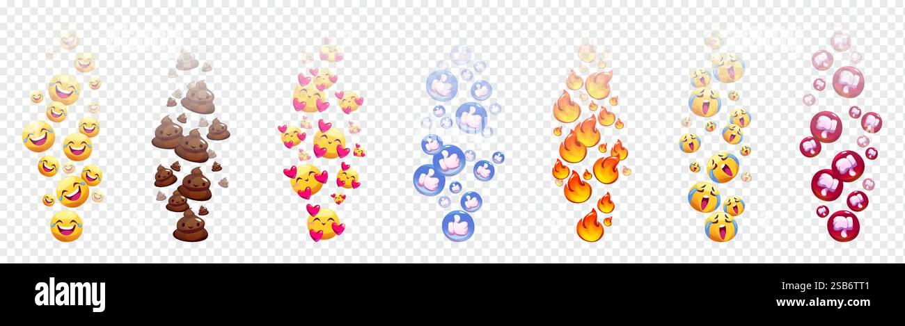Social media reaction emoticon streams - laughing faces, poop, heart ...