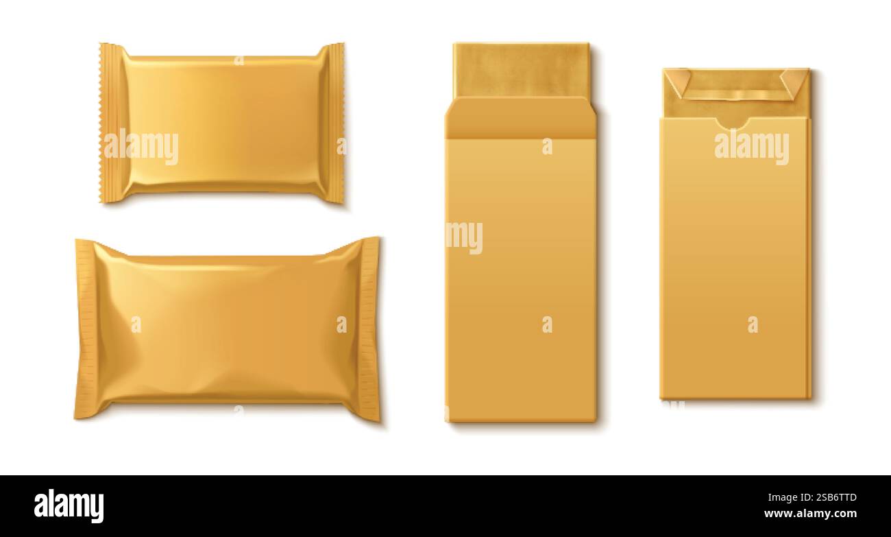 Chocolate bar mockup collection of golden packaging - empty snack pouches in various sizes ...