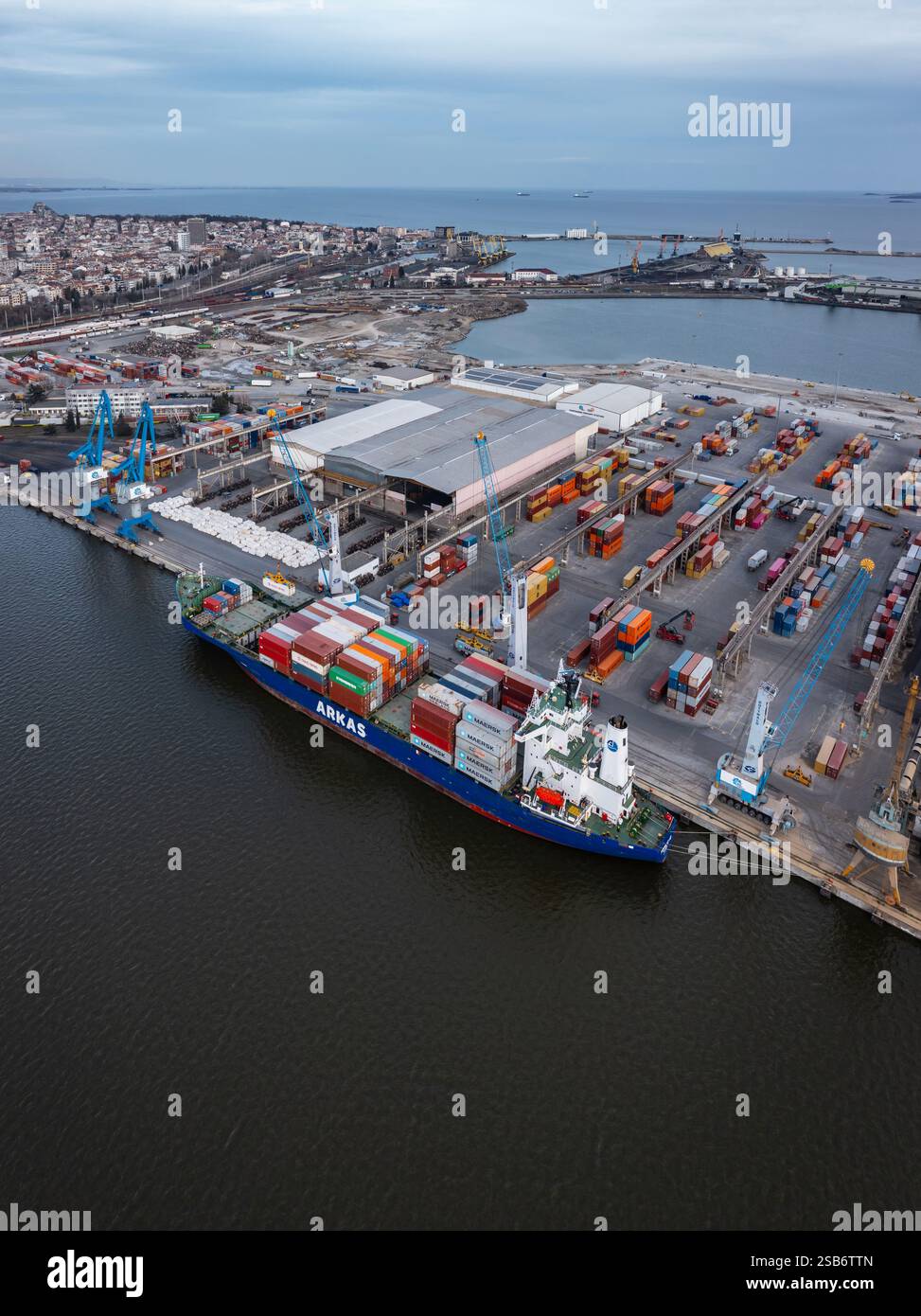 Burgas, Bulgaria - January 30.2025: Aerial view of container ship on ...