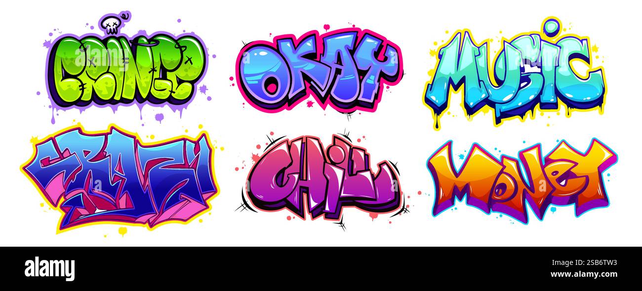 Graffiti lettering text collection in cartoon style - vibrant design of ...