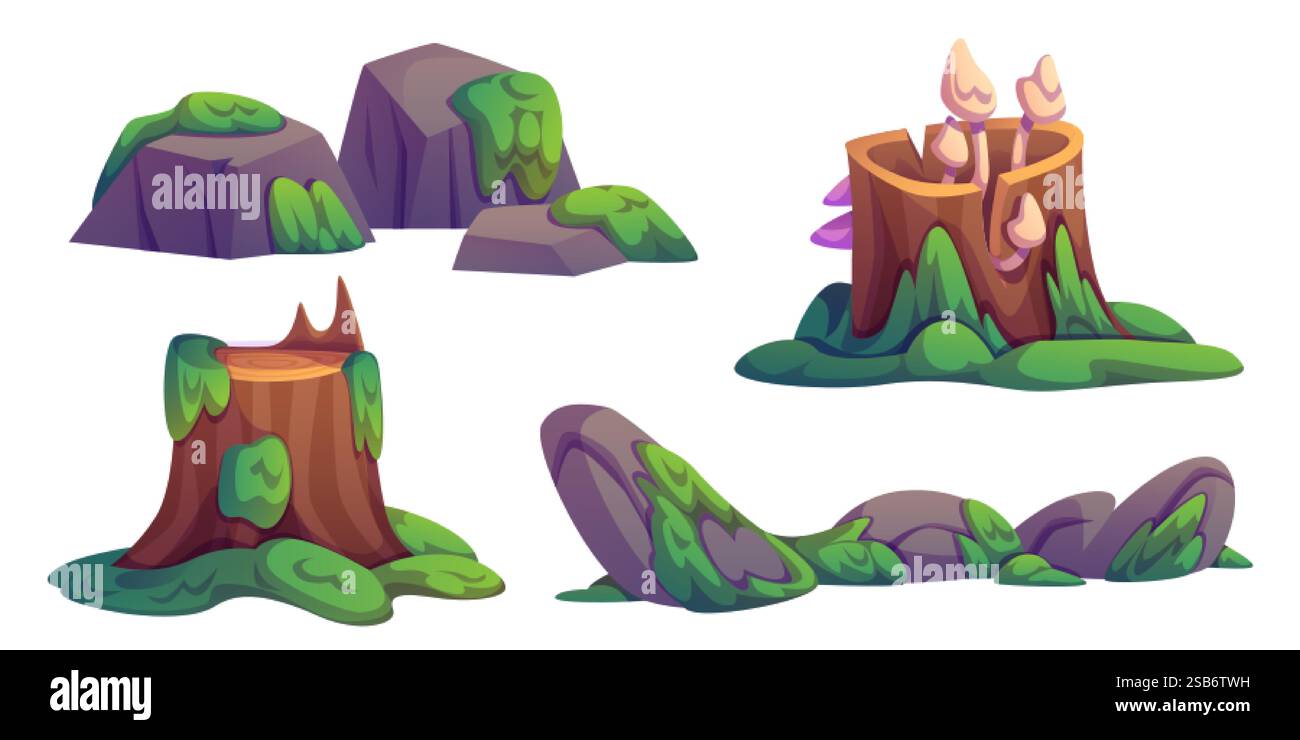 Swamp stones and stumps covered with moss set isolated on white. Vector ...