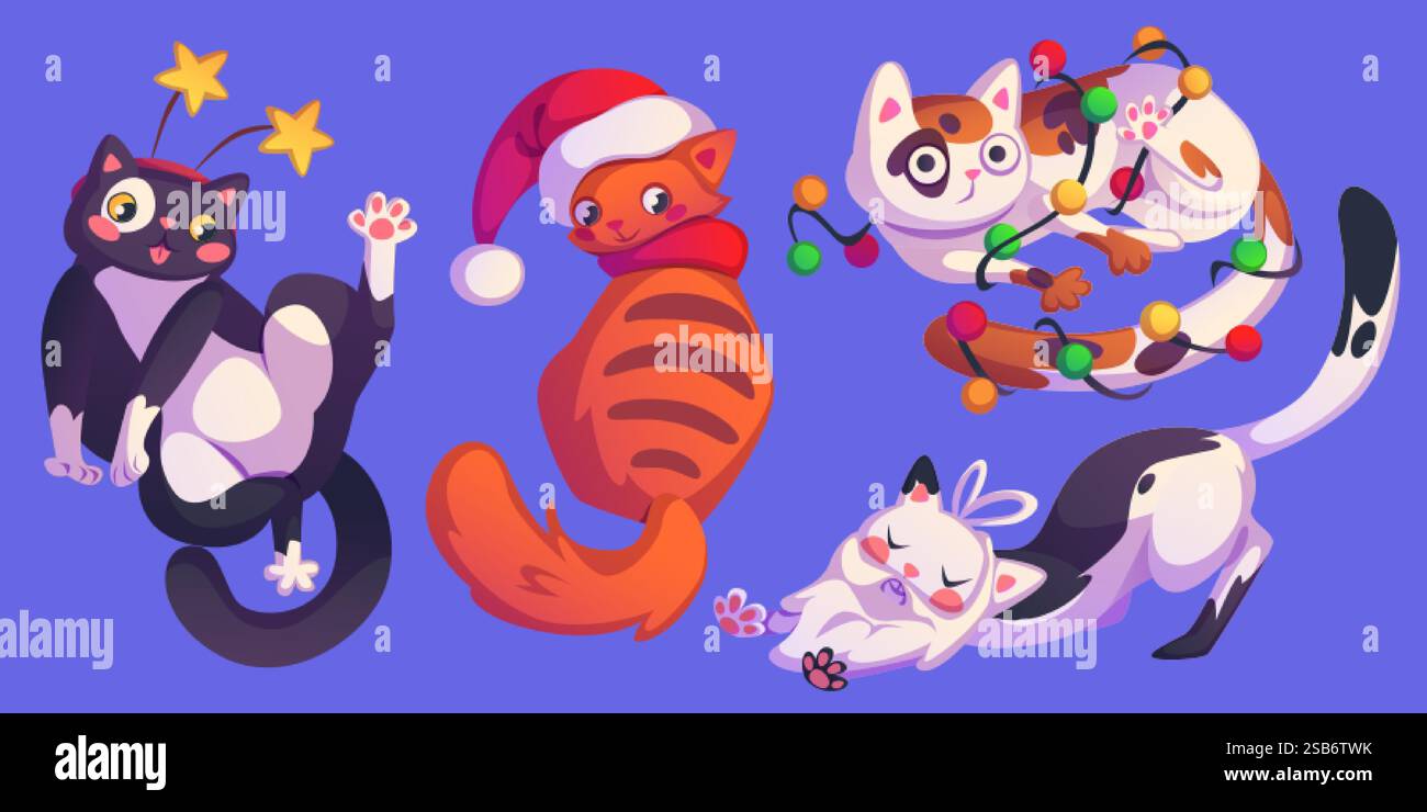 Christmas cats set with playful holiday characters. Cartoon pets ...
