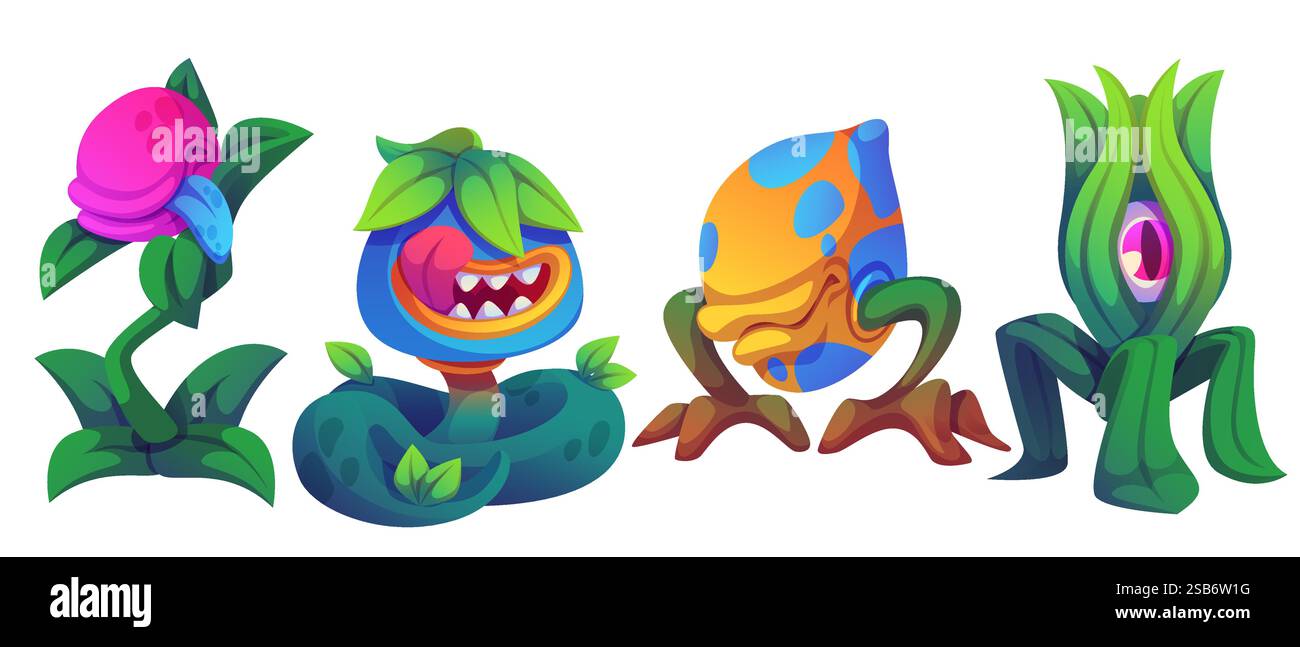 Fantasy carnivorous plants with cartoon monster elements. Magical flora ...
