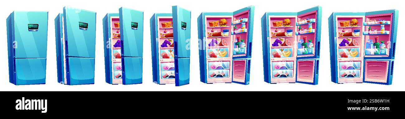 Fridge opening animation sequence showing blue refrigerator full of ...