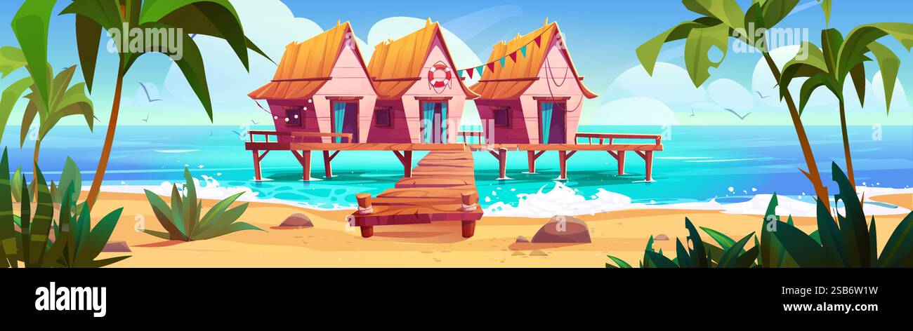 Tropical beach resort panorama - wooden bungalows with straw roofs on ...