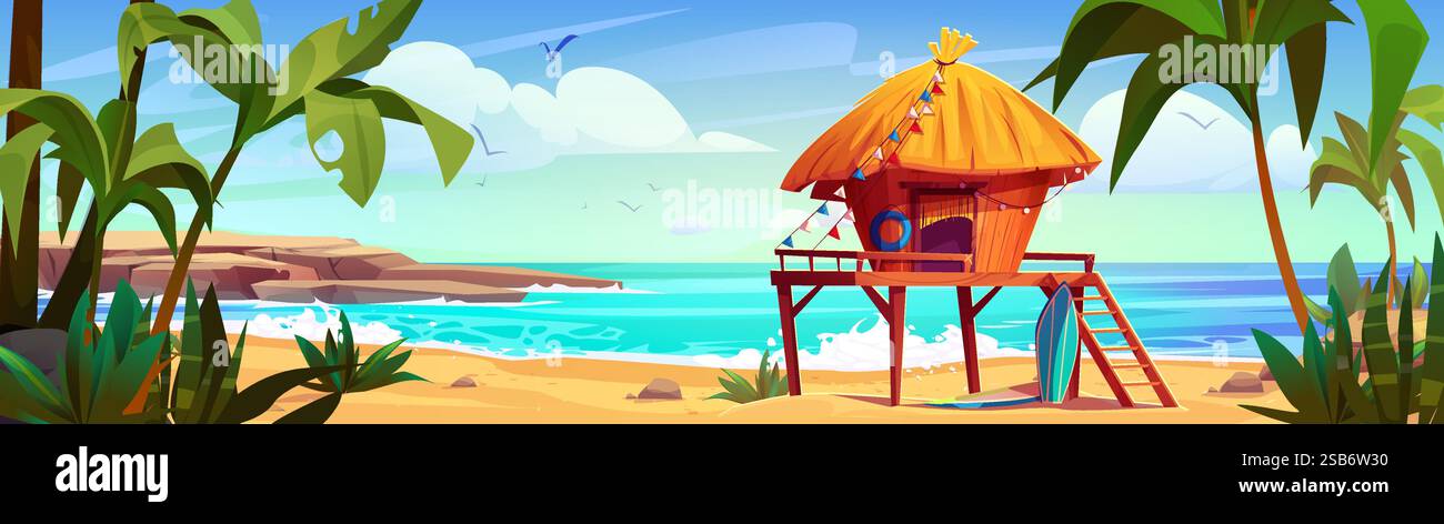 Surfer hut on sandy beach against summer seascape background. Vector ...
