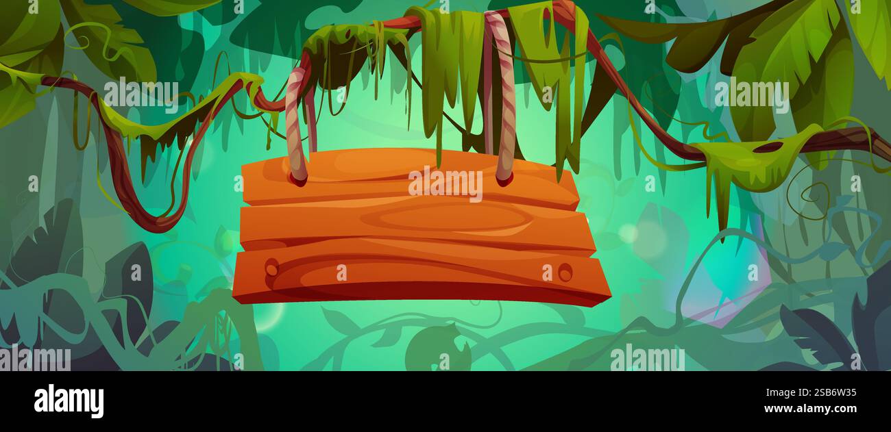 Wooden signboard hanging on ropes in tropical jungle environment. Brown ...
