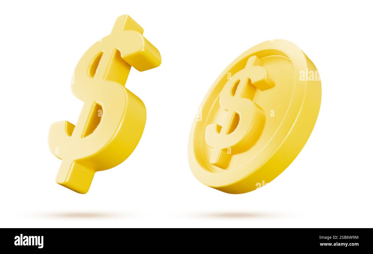 Gold financial symbols showing 3d dollar sign and coin with currency ...