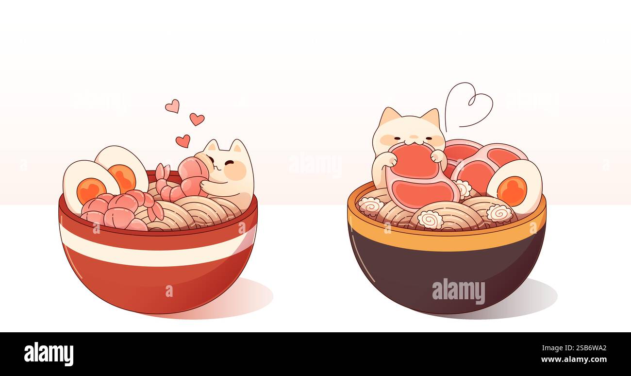 Cute cats enjoying ramen bowls illustration - playful kittens sitting ...